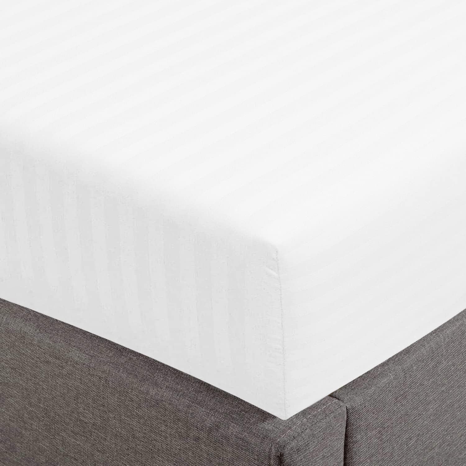 Feather & Stitch 100% Cotton 1 Piece Damask Stripe King Fitted Sheet 500 Thread Count White Luxury Sateen Weave with 2 Extra Pillow Cases
