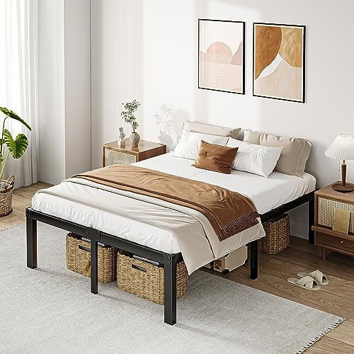 LIJQCI California King Size Bed Frame 16" High Heavy Duty Steel Slat Metal Platform Noise Free Anti-Slip Support 16 Inch Under-Bed Maximum Storage Mattress Foundation