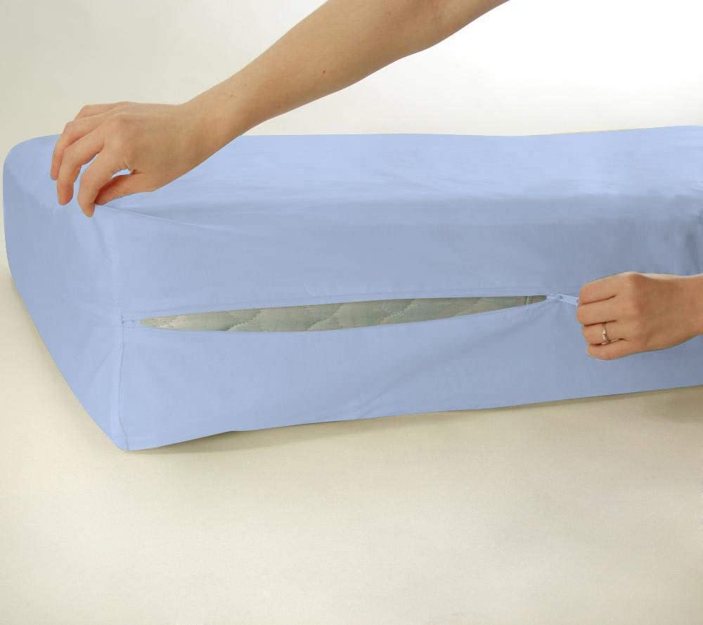 Zipper Fitted Sheet Twin Size 25" Pocket 600 Thread Count 100% Egyptian Cotton Sateen Weave Light Blue