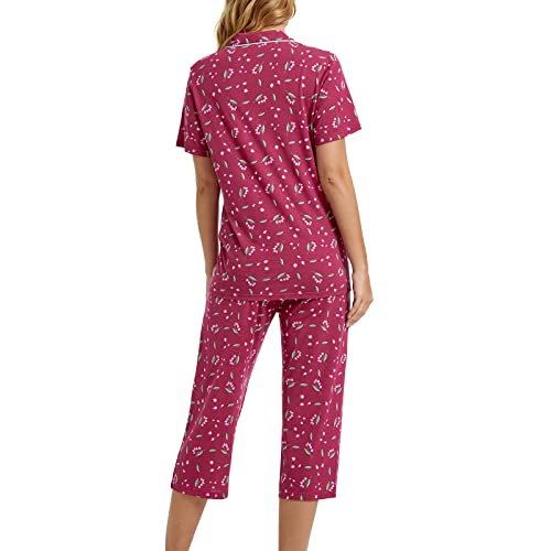 Tugege Capri Pajamas Set Womens Button Down Short Sleeve Lounge Sets Sleepwear Notch Collar Top & Capri 2 Piece PJ Sets (Red Floral, 3X-Large)