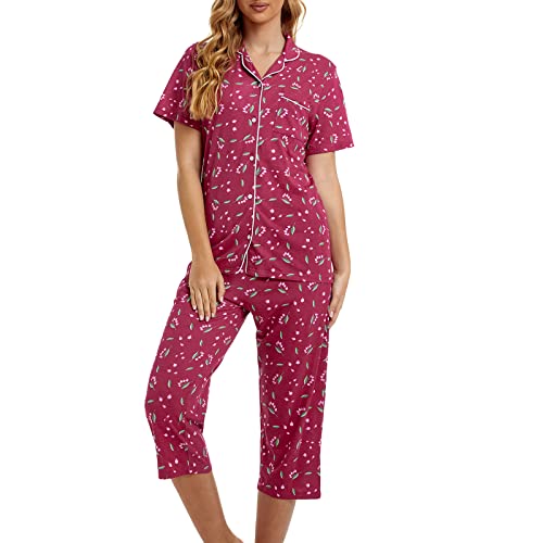 Tugege Capri Pajamas Set Womens Button Down Short Sleeve Lounge Sets Sleepwear Notch Collar Top & Capri 2 Piece PJ Sets (Red Floral, 3X-Large)