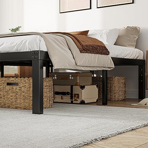 LIJQCI California King Size Bed Frame 16" High Heavy Duty Steel Slat Metal Platform Noise Free Anti-Slip Support 16 Inch Under-Bed Maximum Storage Mattress Foundation