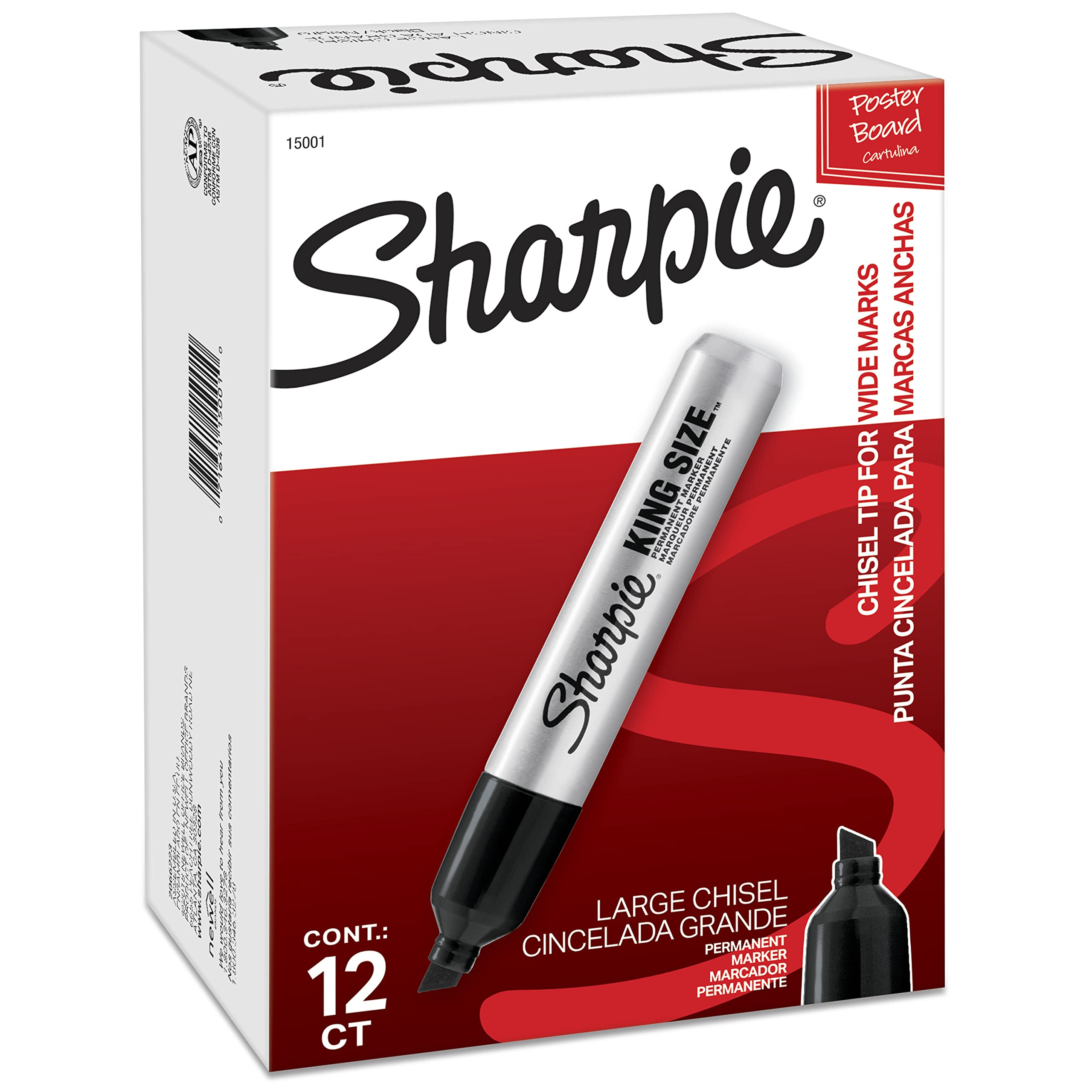 Sharpie King Size Permanent Markers Large Chisel Tip, Great For Poster Boards, Black, 12 Count