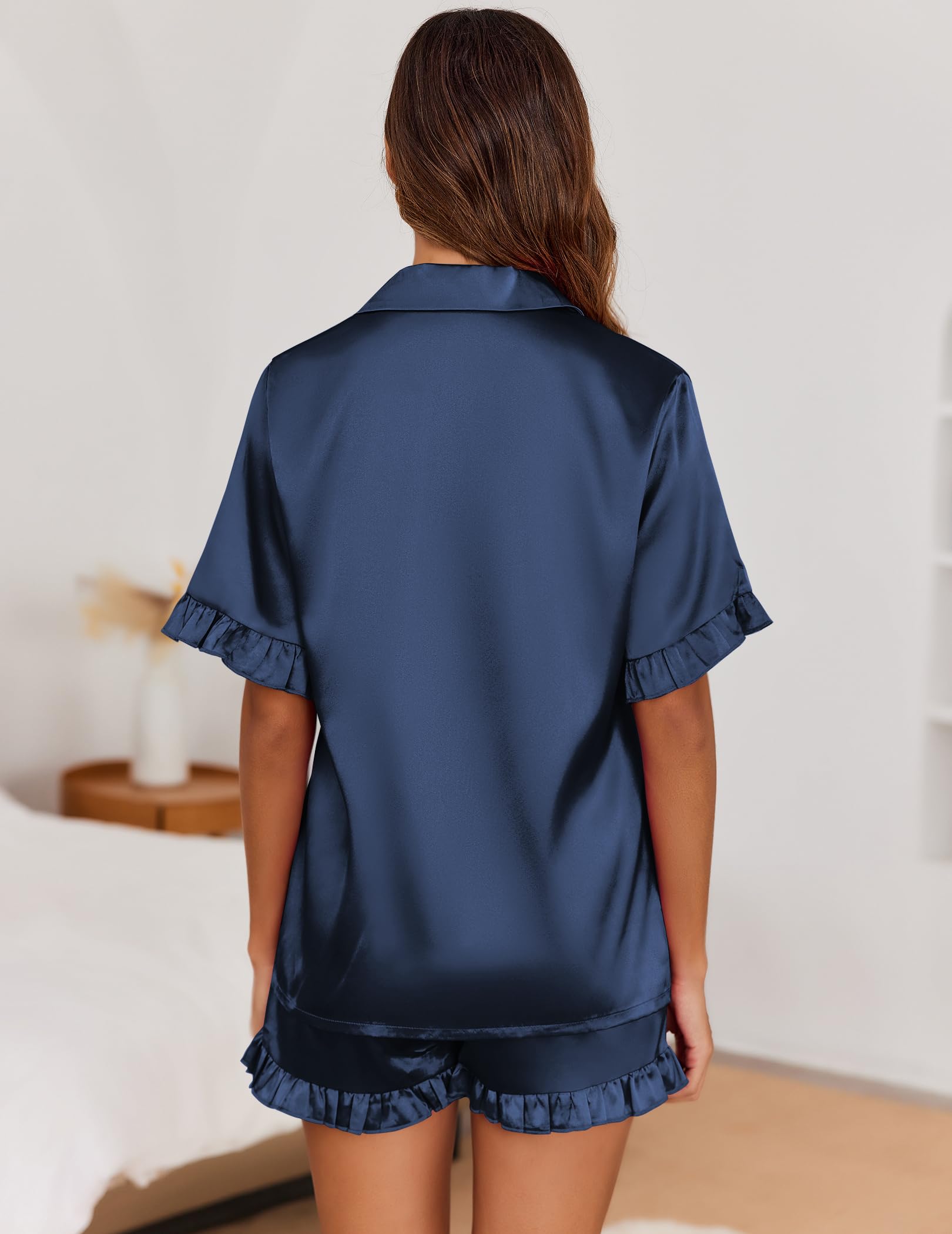Ekouaer Womens Satin Pajamas Set Button Down Silk 2 Piece Pj Sets Ruffle Short Sleeve Sleepwear,Navy Blue,M