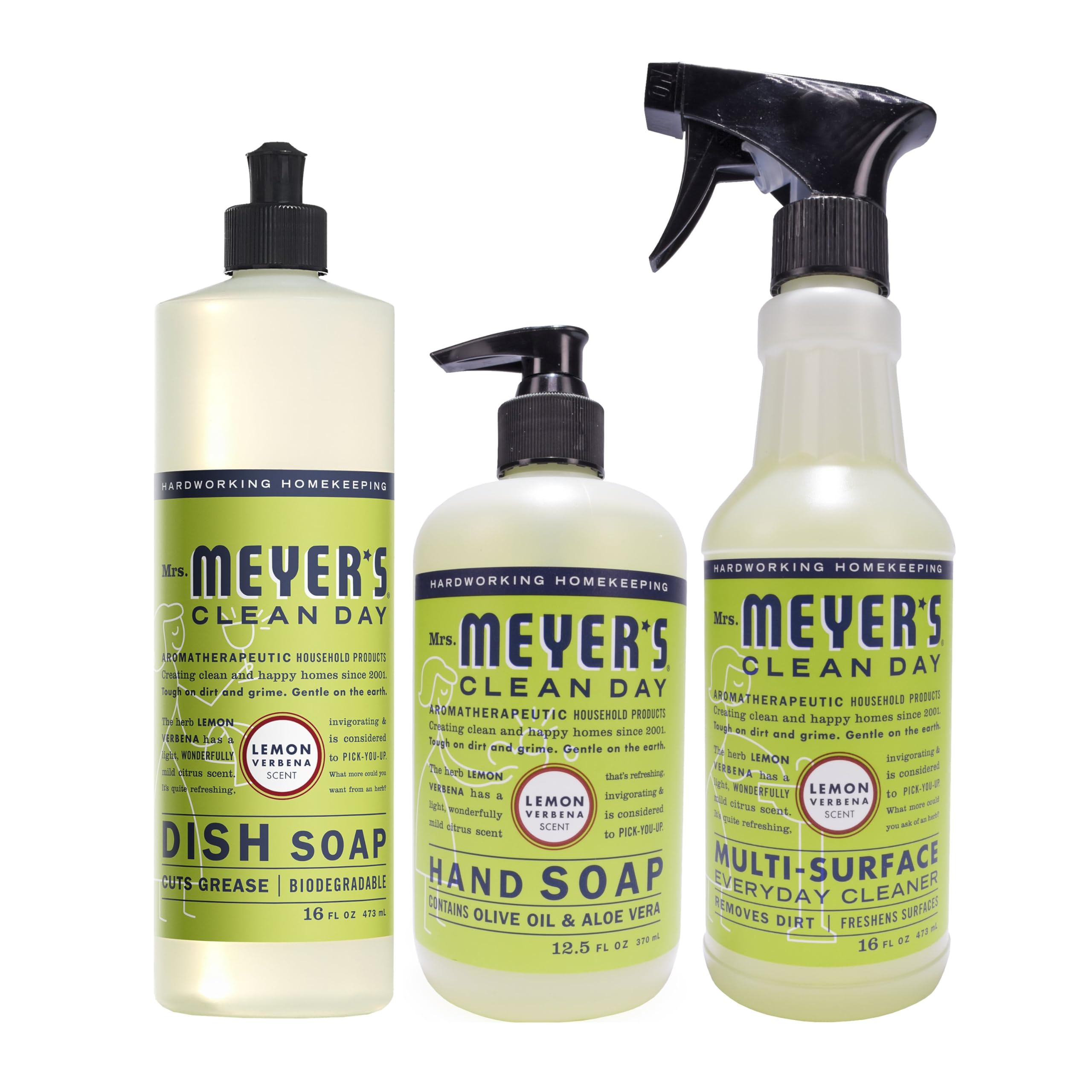 Mrs. Meyer's Kitchen Essentials Set, Includes: Hand Soap, Dish Soap, and All Purpose Cleaner, Lemon Verbena, 3 Count Pack