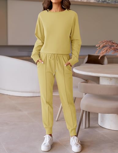 ZESICA Women's Long Sleeve Crop Top and Pants Pajama Sets 2 Piece Jogger Long Sleepwear Loungewear Pjs Sets,Yellow,Large