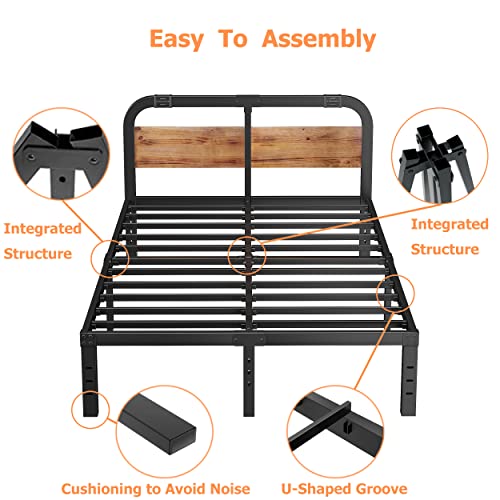 Aardhen California King Bed Frame 14 Inch Rustic Wood Headboard, Heavy Duty Steel Slats Support, Easy Assembly, No Box Spring Needed, Quiet and Sturdy