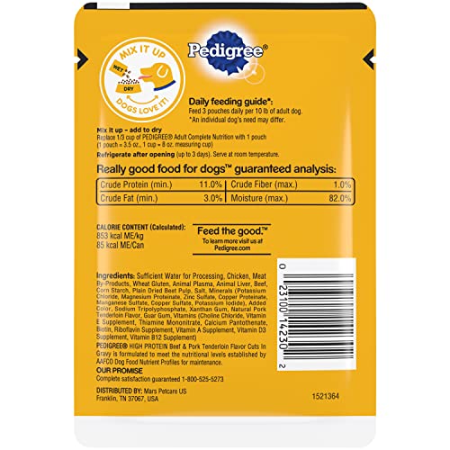Pedigree High Protein Wet Dog Food Pouches, Beef and Pork Tenderloin Flavor Cuts in Gravy, 3.5 oz. Pouches, 16 Count