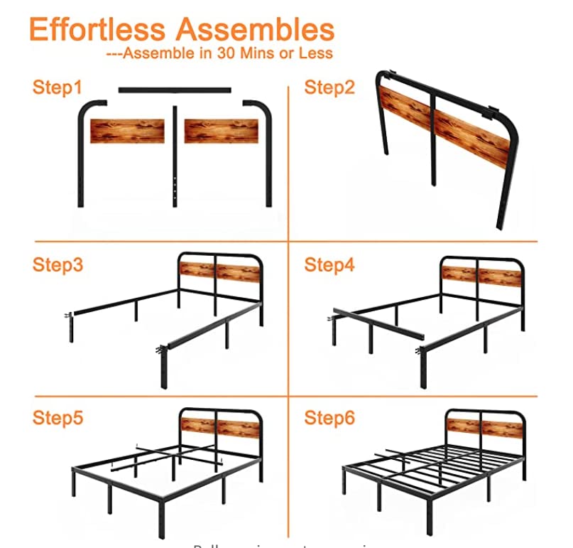Aardhen California King Bed Frame 14 Inch Rustic Wood Headboard, Heavy Duty Steel Slats Support, Easy Assembly, No Box Spring Needed, Quiet and Sturdy