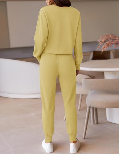 ZESICA Women's Long Sleeve Crop Top and Pants Pajama Sets 2 Piece Jogger Long Sleepwear Loungewear Pjs Sets,Yellow,Large