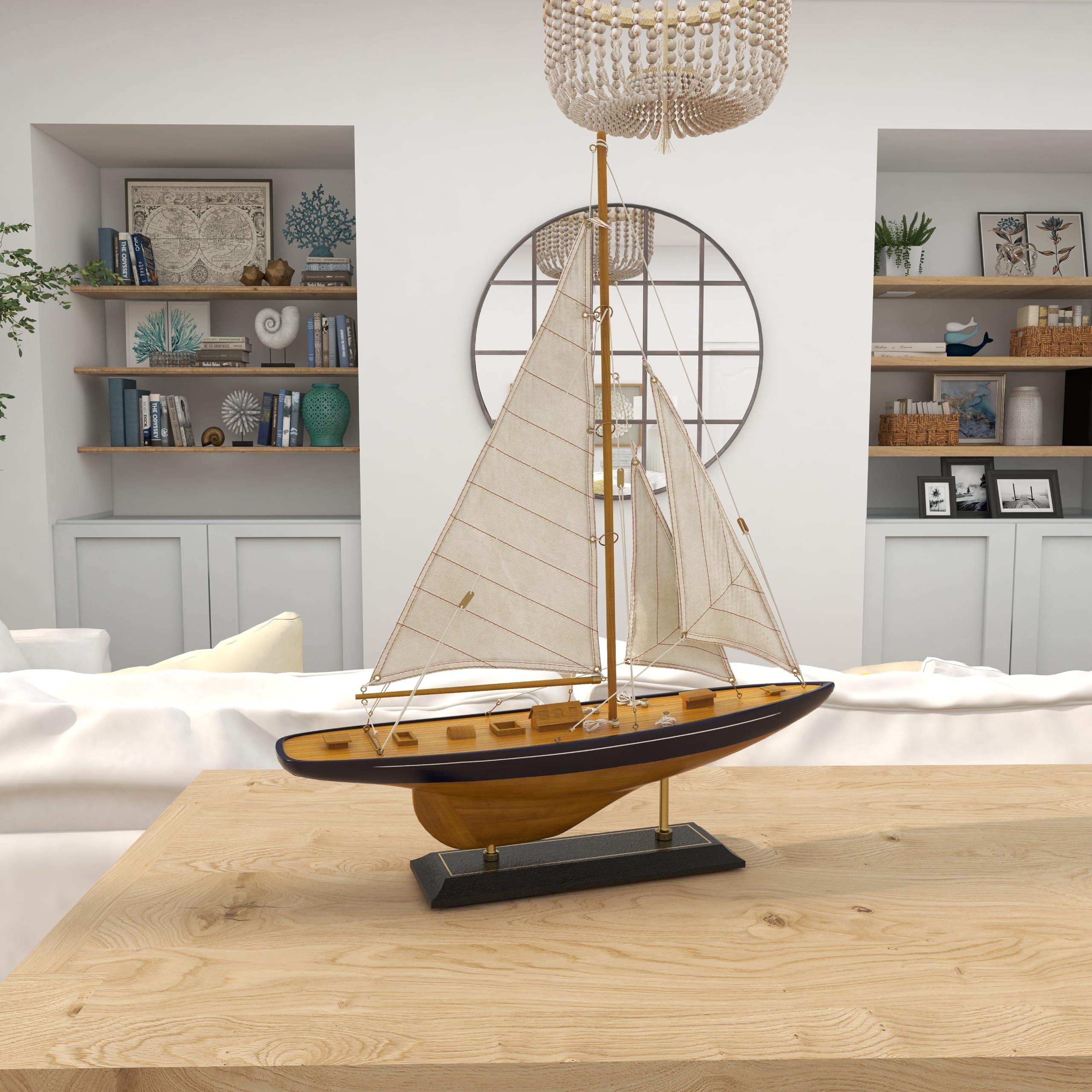 Deco 79 Wood Sail Boat Sculpture with Lifelike Rigging, 17" x 4" x 21", Beige