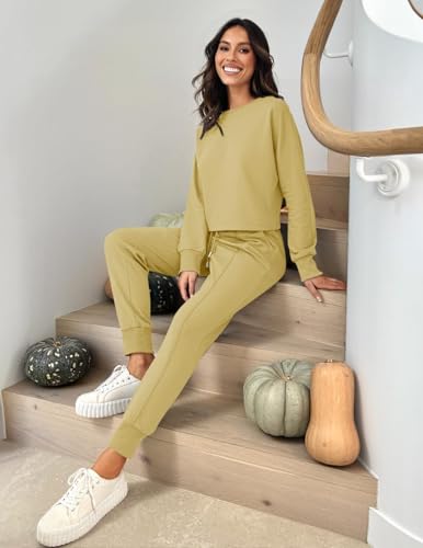 ZESICA Women's Long Sleeve Crop Top and Pants Pajama Sets 2 Piece Jogger Long Sleepwear Loungewear Pjs Sets,Yellow,Large