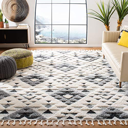 SAFAVIEH Moroccan Tassel Shag Collection 8' x 10' Ivory/Grey MTS688F Boho Non-Shedding Living Room Bedroom Dining Room Entryway Plush 2-inch Thick Area Rug