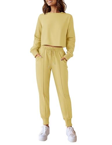ZESICA Women's Long Sleeve Crop Top and Pants Pajama Sets 2 Piece Jogger Long Sleepwear Loungewear Pjs Sets,Yellow,Large