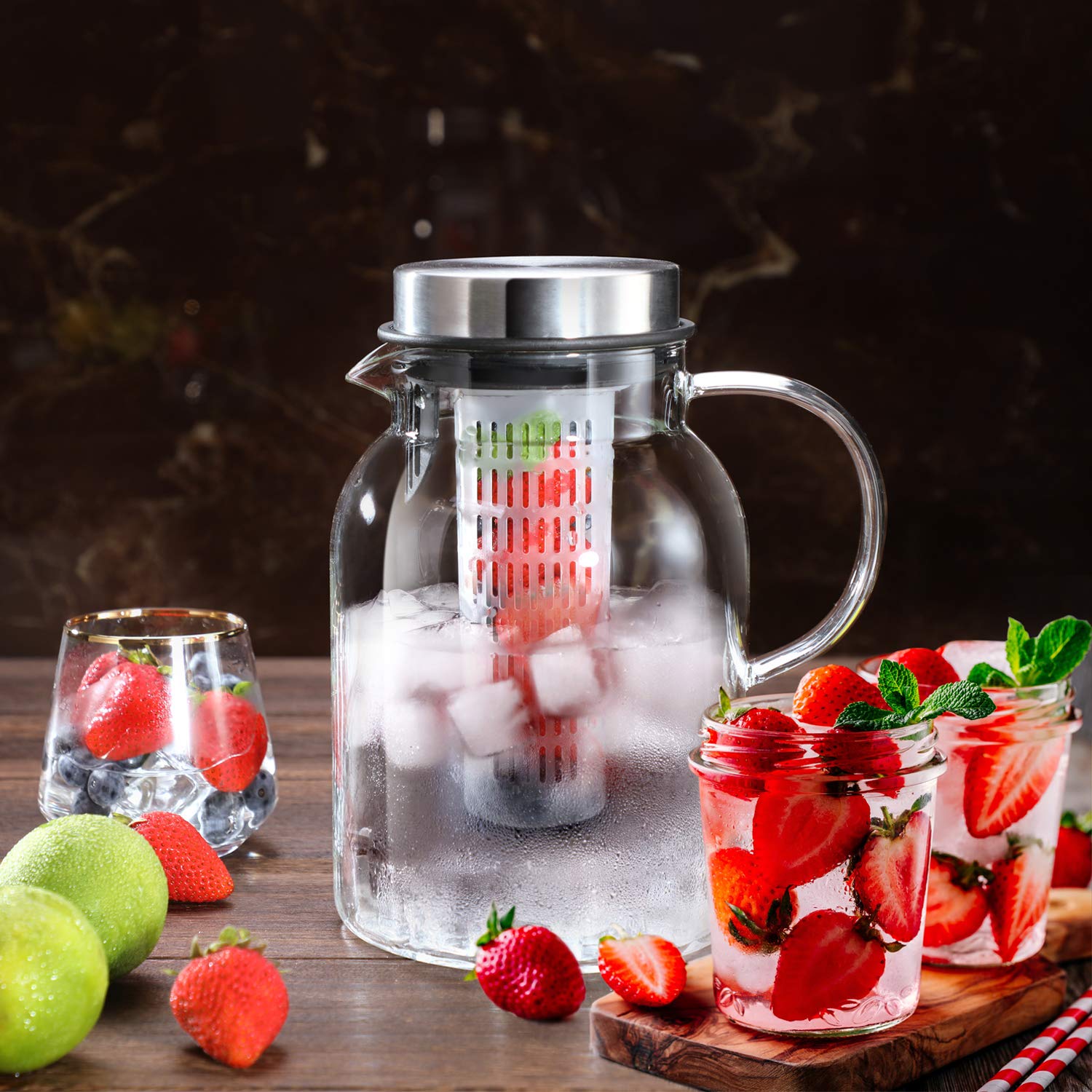 Glass Water Pitcher, Fruit Infuser Pitcher with Removable Lid, High Heat Resistance Infusion Pitcher for Hot/Cold Water, Flavor-Infused Beverage & Iced Tea - 2 Qt