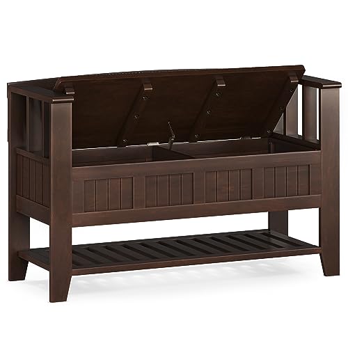 SIMPLIHOME Acadian Solid Wood 48 Inch Wide Transitional Entryway Storage Bench with Shelf in Brunette Brown, for The Living Room, Entryway and Family Room