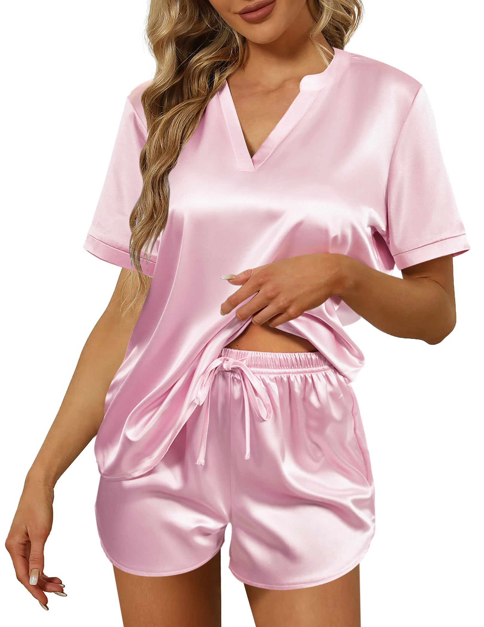 Ekouaer Silk Pajamas for Women Short Sleeve Sleepwear Two-piece Pjs Set Soft V Neck Loungewear Tops with Pj Shorts Pink XX-Large