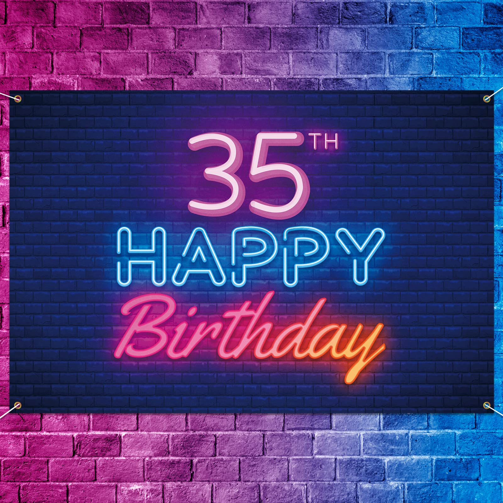 Glow Neon Happy 35th Birthday Backdrop Banner Decor Black – Colorful Glowing 35 Years Old Birthday Party Theme Decorations for Men Women Supplies