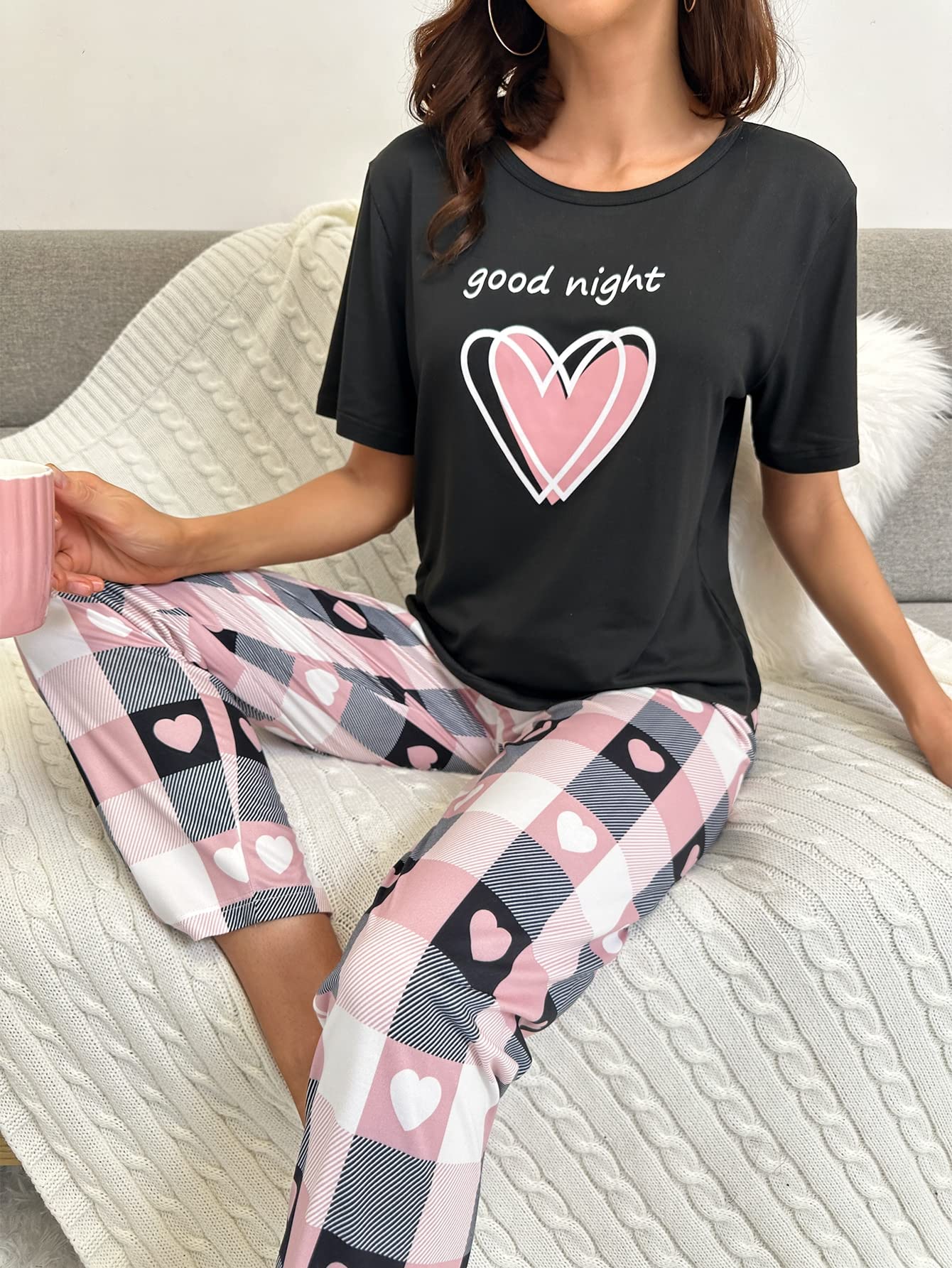 SOLY HUX Women's Heart Letter Print Short Sleeve T Shirt and Plaid Pants 2 Piece Summer Pajama Set Black Heart L
