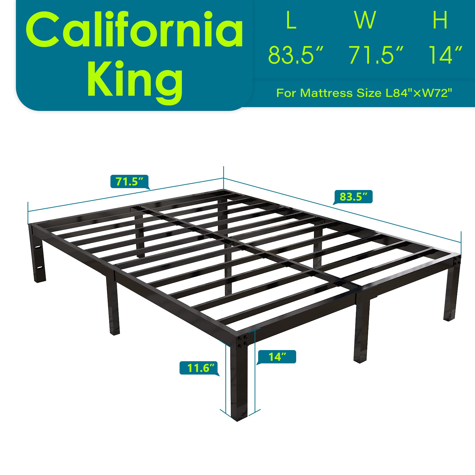 yookare 14 Inch 4000lbs Heavy Duty Support Basic Bed Frame/Mattress Foundation/Box Spring Replacement/Steel Slat Platform/Easy to Assemble/with Storage/Noise Free, Cal King