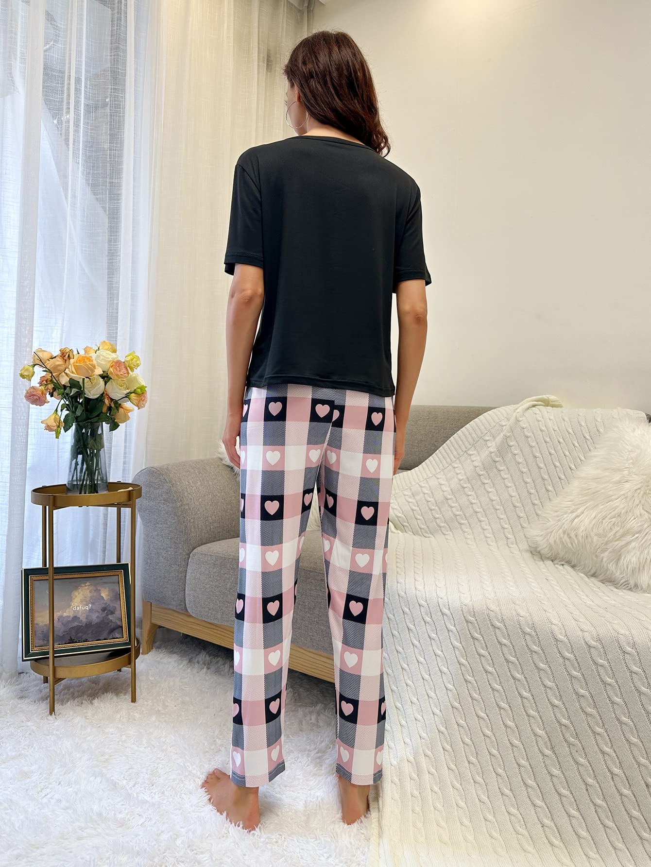 SOLY HUX Women's Heart Letter Print Short Sleeve T Shirt and Plaid Pants 2 Piece Summer Pajama Set Black Heart L