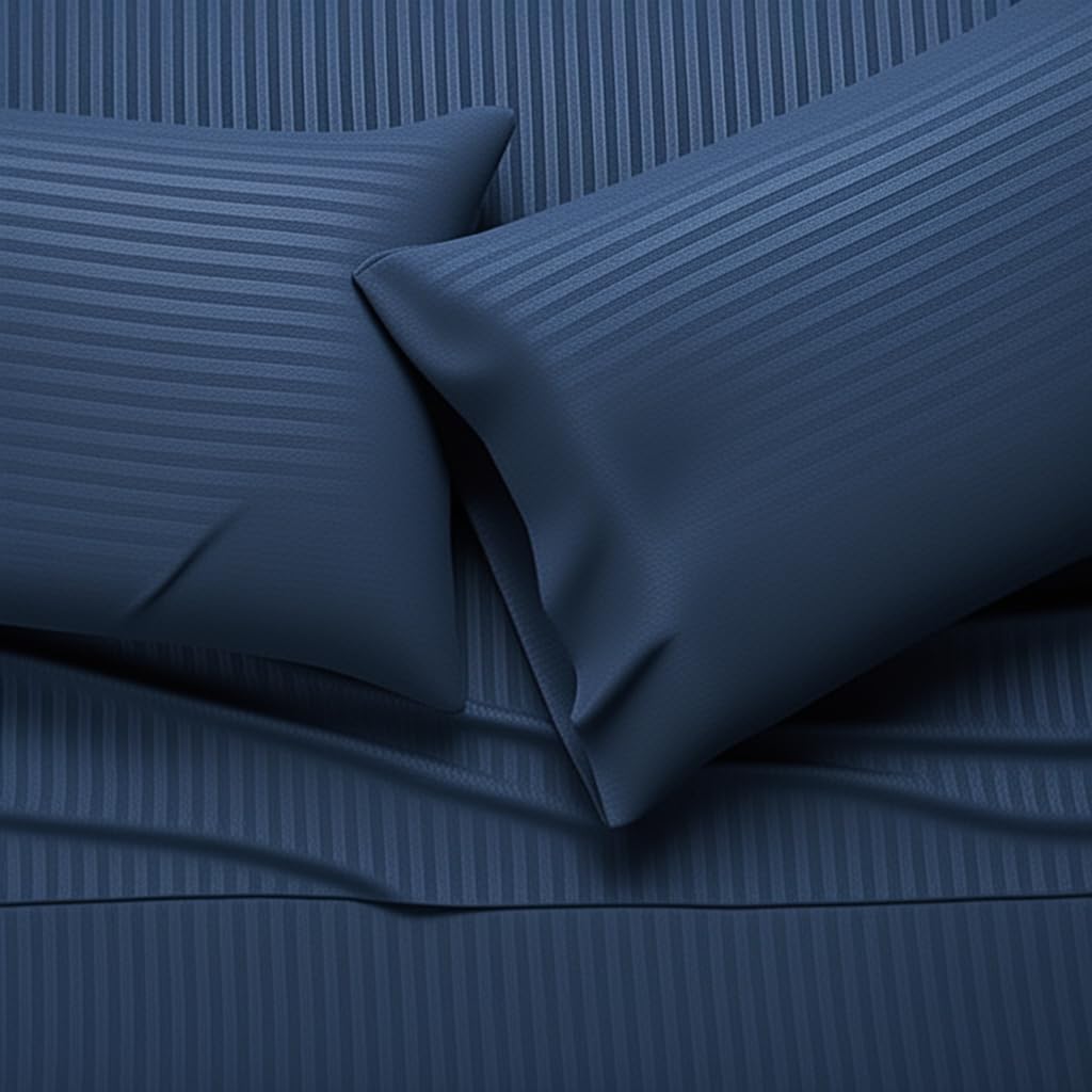 Cotton King Size Sheets, 4 Piece Sheet Set, Deep Pocket up to 16", Sheet & Pillowcase Set, Deep Pocket Hotel Bed Sheets, Breathable & Cooling, Soft Comfy and Quality Sheets (Striped,Navy Blue,King)