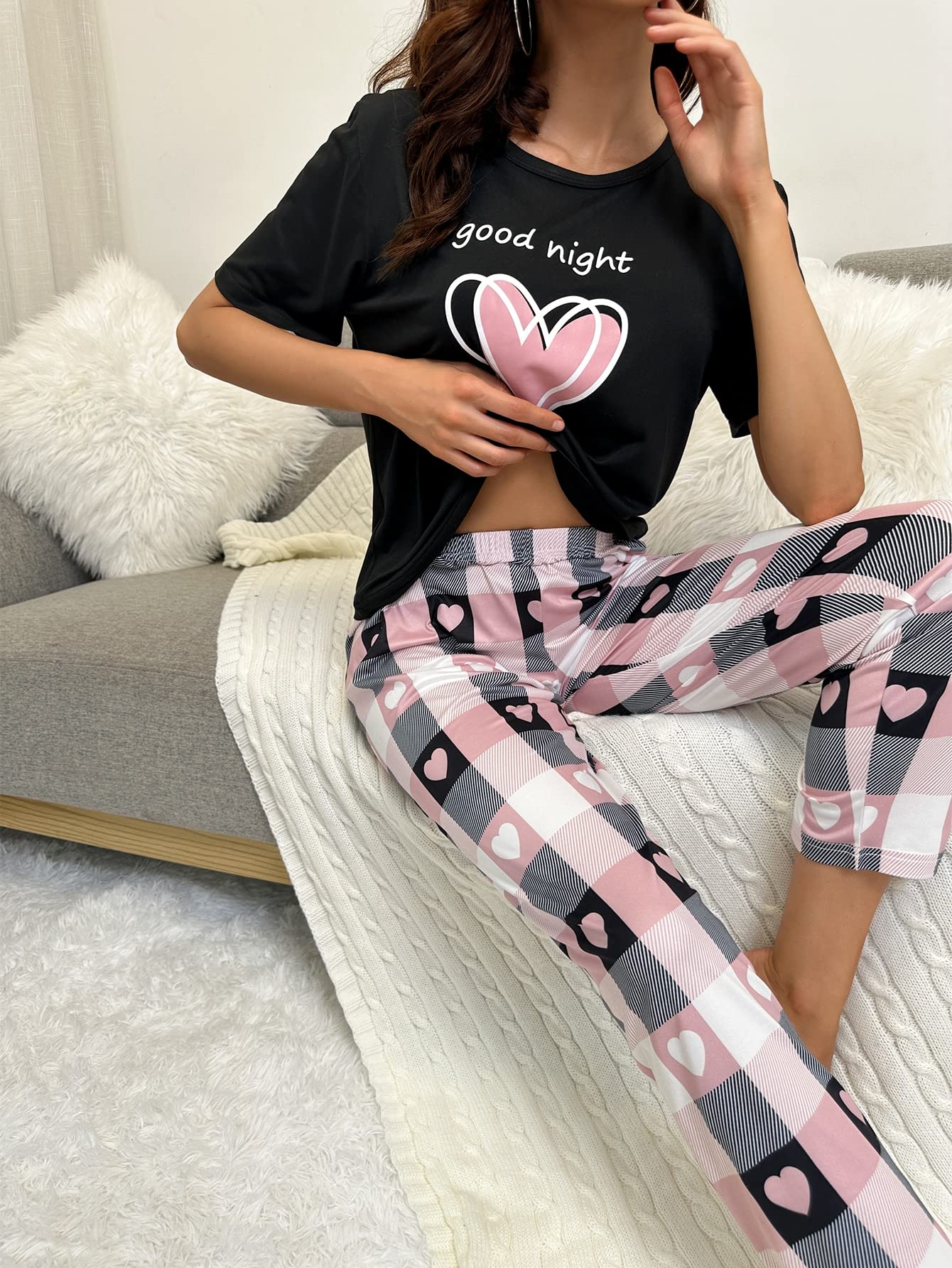 SOLY HUX Women's Heart Letter Print Short Sleeve T Shirt and Plaid Pants 2 Piece Summer Pajama Set Black Heart L
