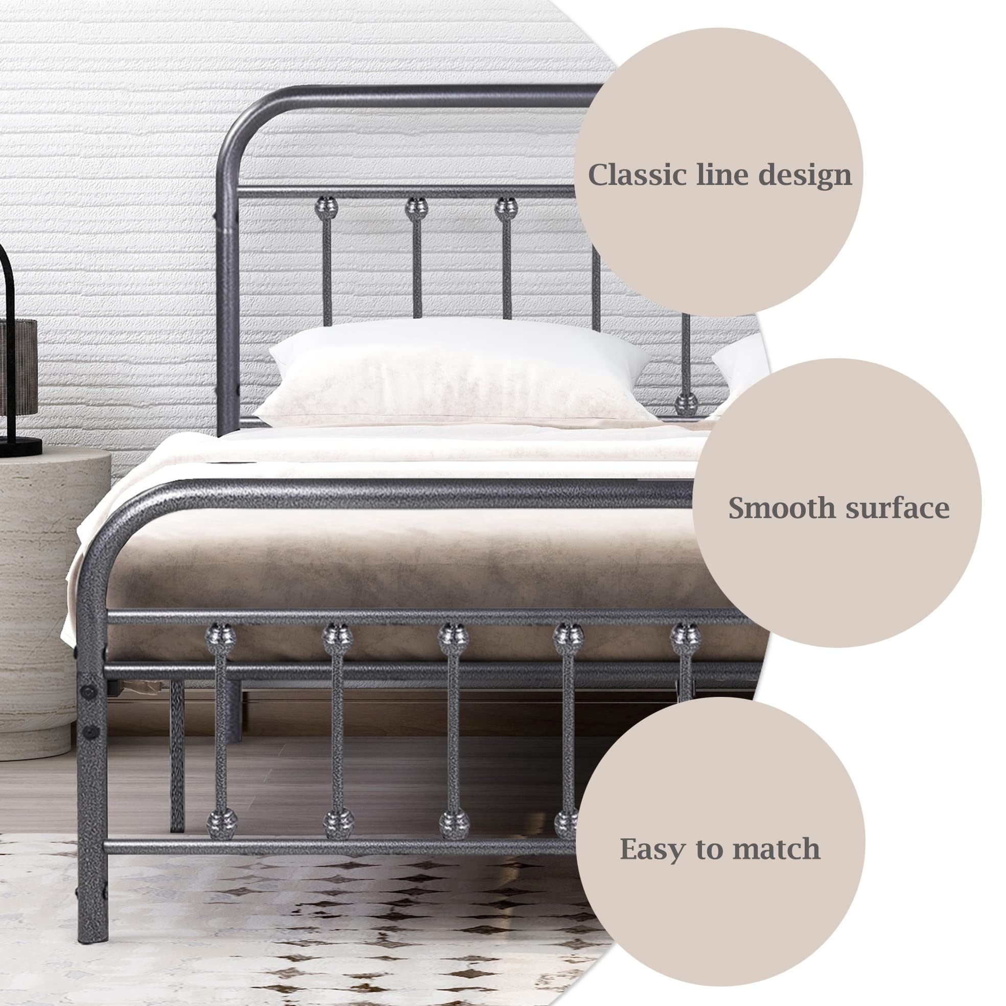 alazyhome California King Size Bed Frame Classic Metal Platform Mattress Foundation with Victorian Style Iron-Art Headboard Under Bed Storage No Box Spring Needed Black/Silver