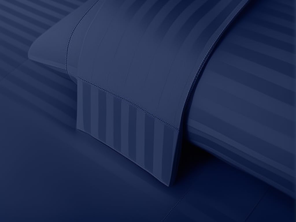 Cotton King Size Sheets, 4 Piece Sheet Set, Deep Pocket up to 16", Sheet & Pillowcase Set, Deep Pocket Hotel Bed Sheets, Breathable & Cooling, Soft Comfy and Quality Sheets (Striped,Navy Blue,King)