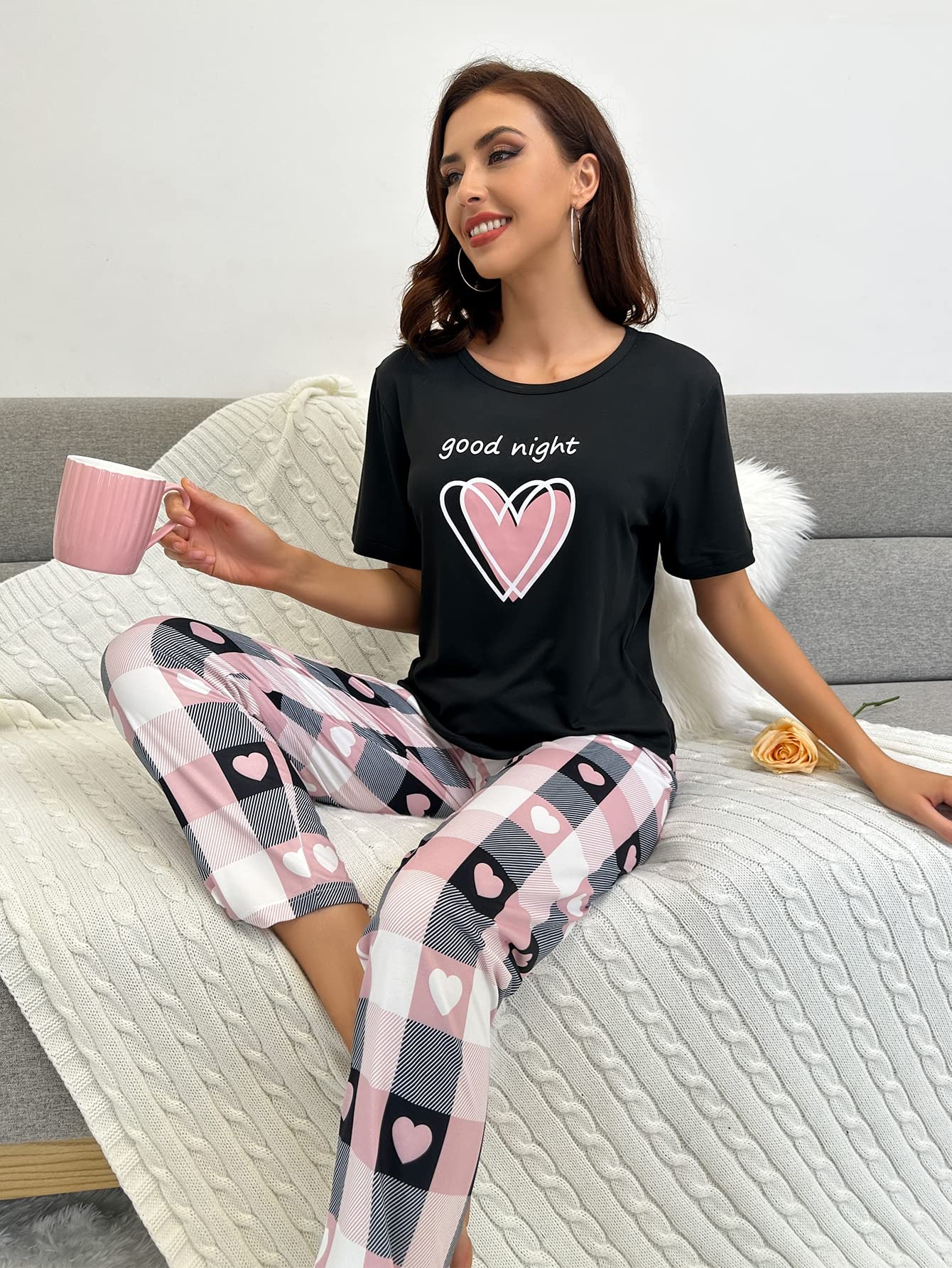 SOLY HUX Women's Heart Letter Print Short Sleeve T Shirt and Plaid Pants 2 Piece Summer Pajama Set Black Heart L