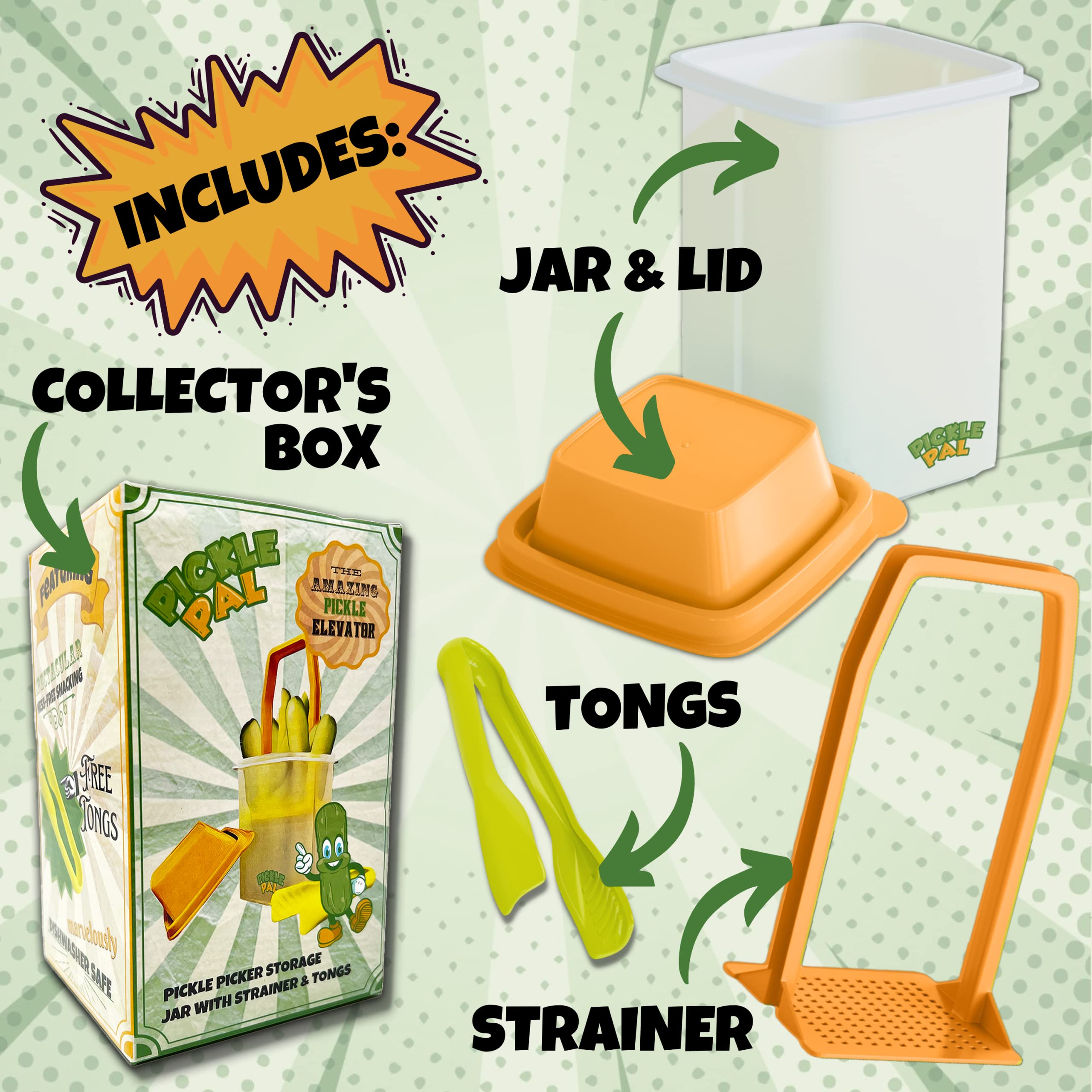 Pickle Container with Strainer Jar - Pickle Holder with Pickle Grabber | Jalapeno Container for Pickles, Olives, Cheese, Jalapenos | 40 oz Pickle Jar with Strainer Flip | Food Storage Containers with Lid | Pickle Pal