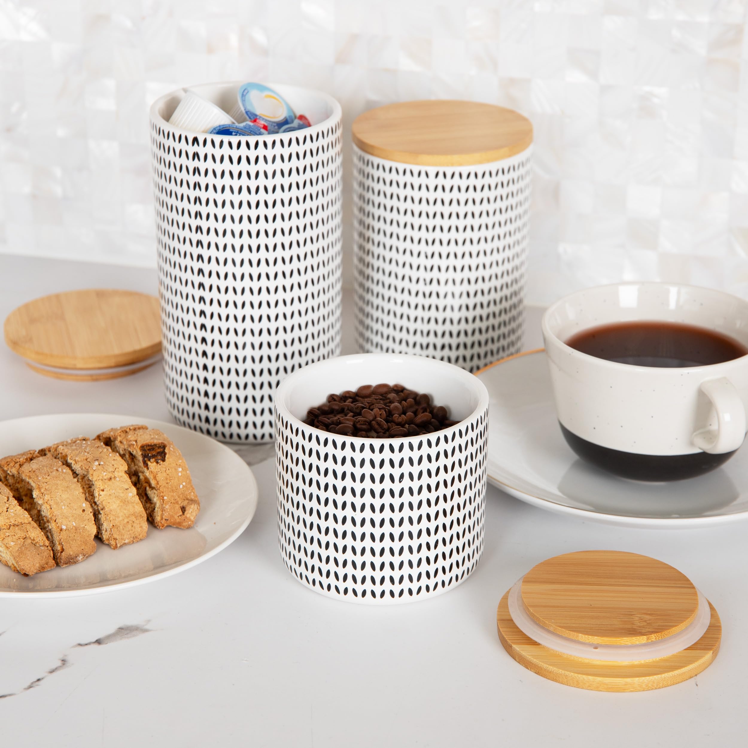 Mind Reader Small, Medium, Large Ceramic Lids, 3 pc Round Canister Sets, Food Storage Jar Container, White/black, One Size
