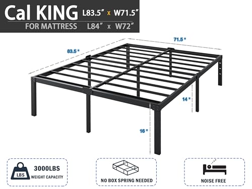 AROMUSTIME 16 Inch Standard Metal Platform Bed Frame / 3,000 lbs Heavy Duty Steel Slat Easy Assembly Mattress Foundation/No Noise/Box Spring Replacement, Cal King