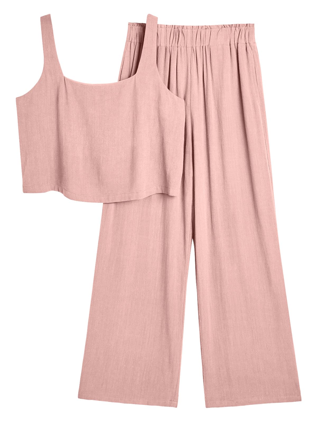 AUTOMET 2 Piece Summer Outfits for Women Casual Soft Lounge Matching Sets Two Piece Linen Crop Top Pants 2024 Fashion Clothes Pink L