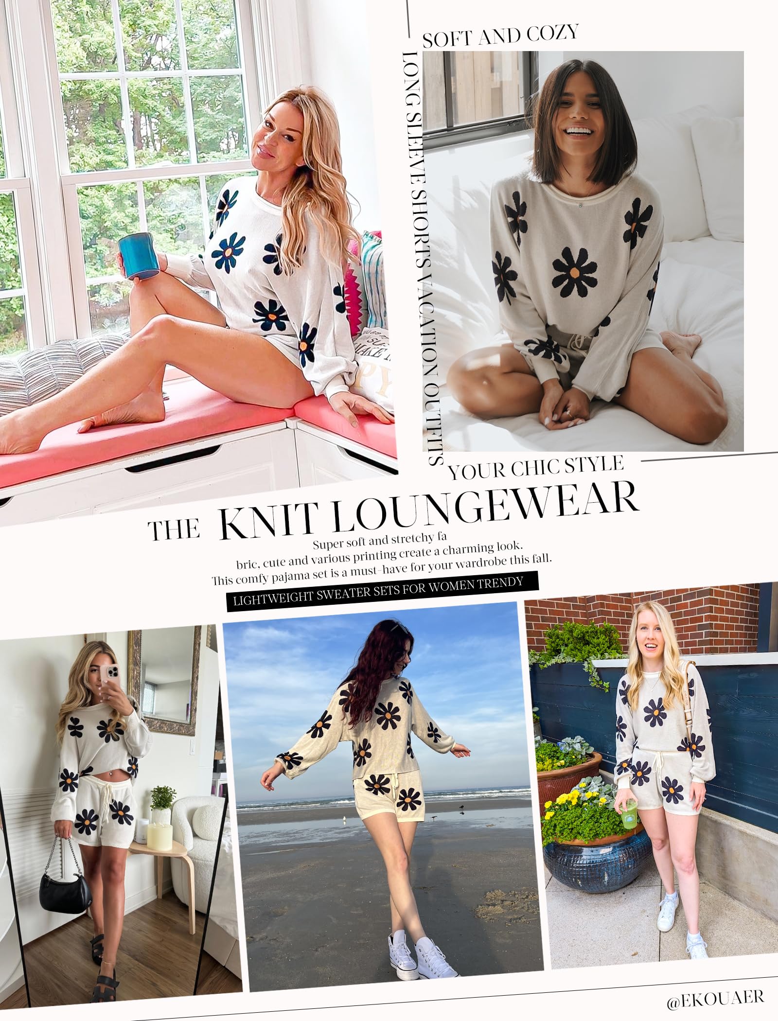 Ekouaer Knit Pajamas Set for Women Lounge Sets Long Sleeve Sweatsuit Matching 2 Piece Outfits Cute Sweater Sets Floral White M
