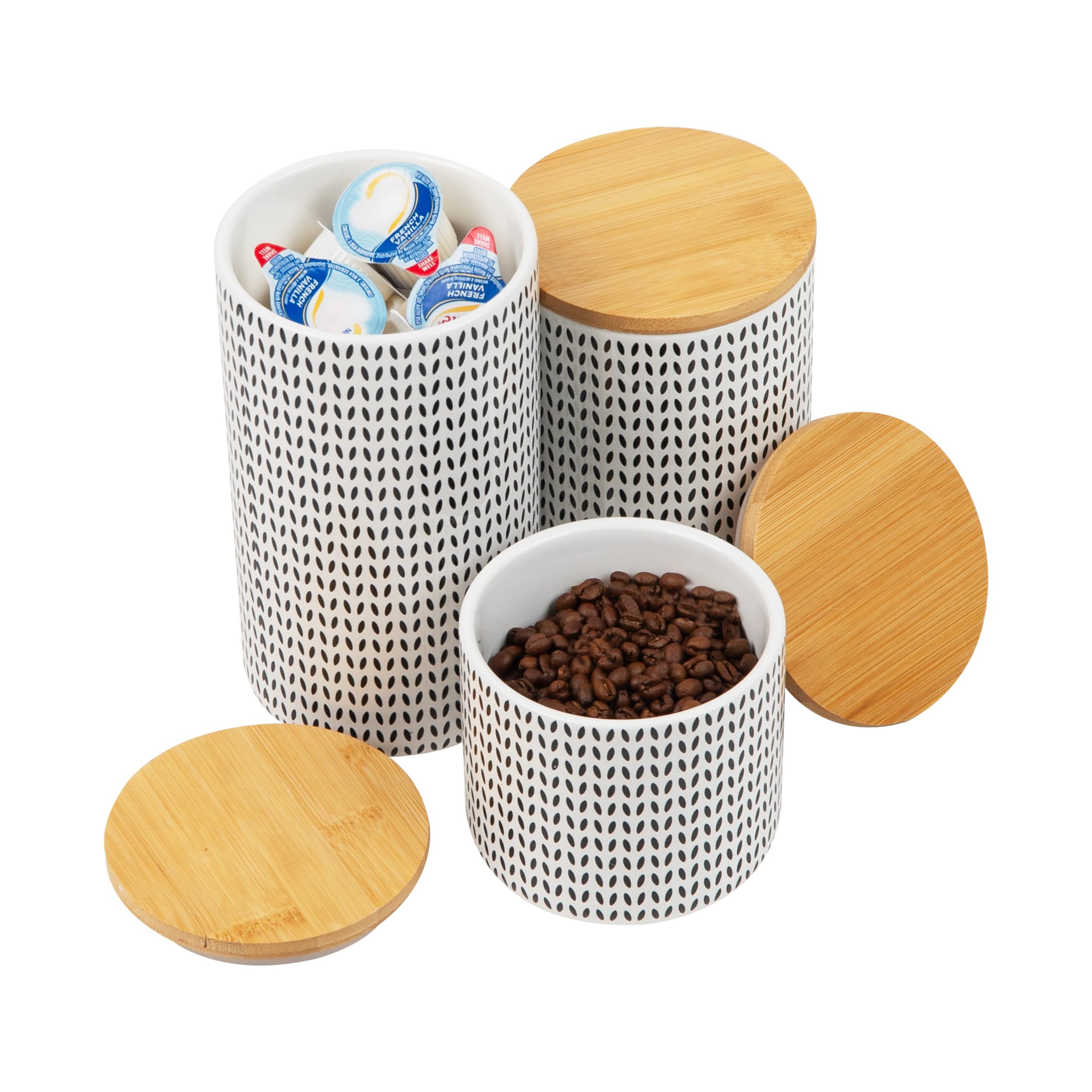 Mind Reader Small, Medium, Large Ceramic Lids, 3 pc Round Canister Sets, Food Storage Jar Container, White/black, One Size