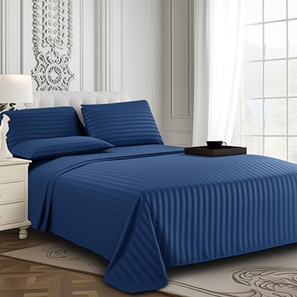 Cotton King Size Sheets, 4 Piece Sheet Set, Deep Pocket up to 16", Sheet & Pillowcase Set, Deep Pocket Hotel Bed Sheets, Breathable & Cooling, Soft Comfy and Quality Sheets (Striped,Navy Blue,King)
