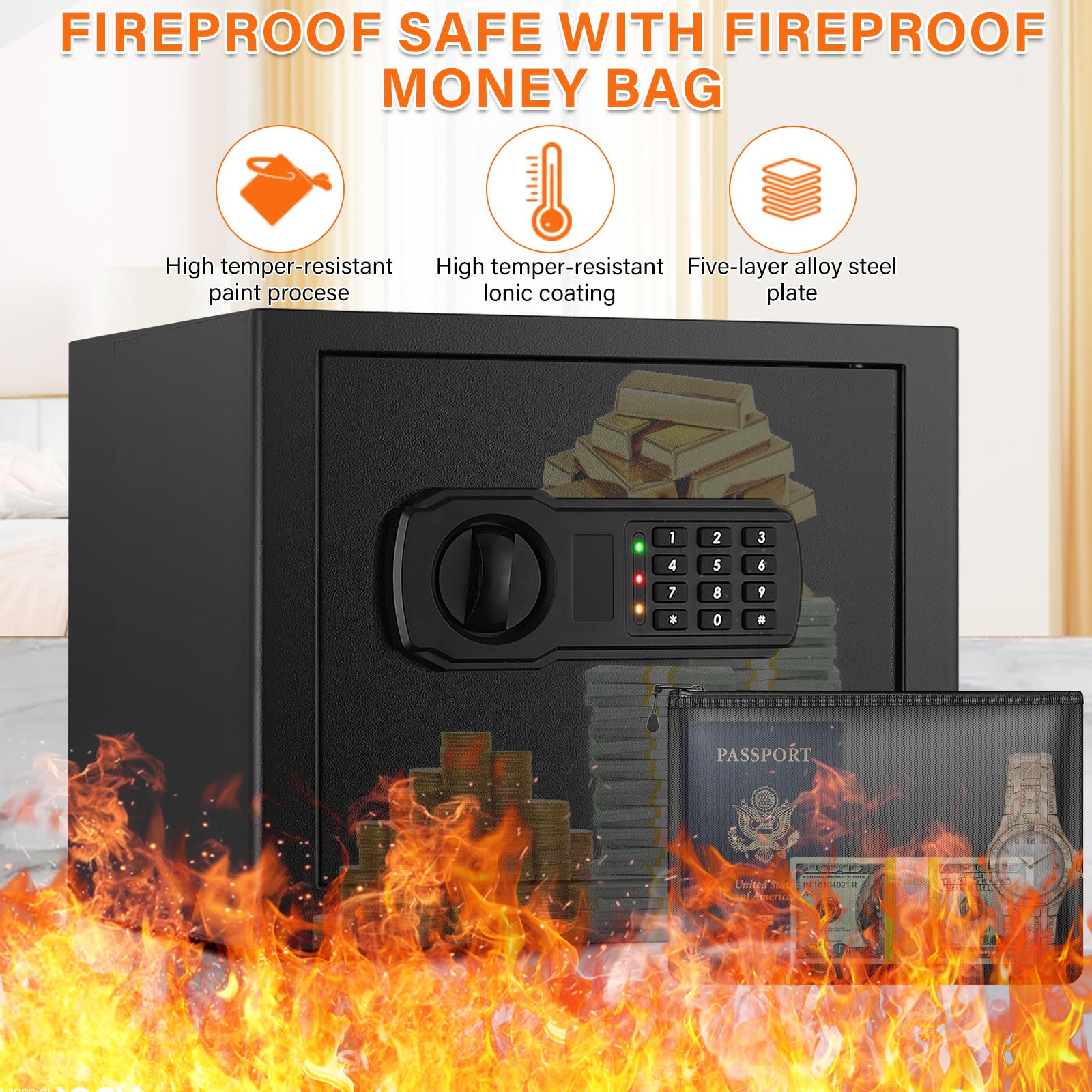 GHJGAGE 2.0 Cubic Large Safe Box Fireproof Waterproof, Anti-Theft Fireproof Safe with Digital Keypad & Mute Function, Security Home Safe for Money Firearm Documents Valuables