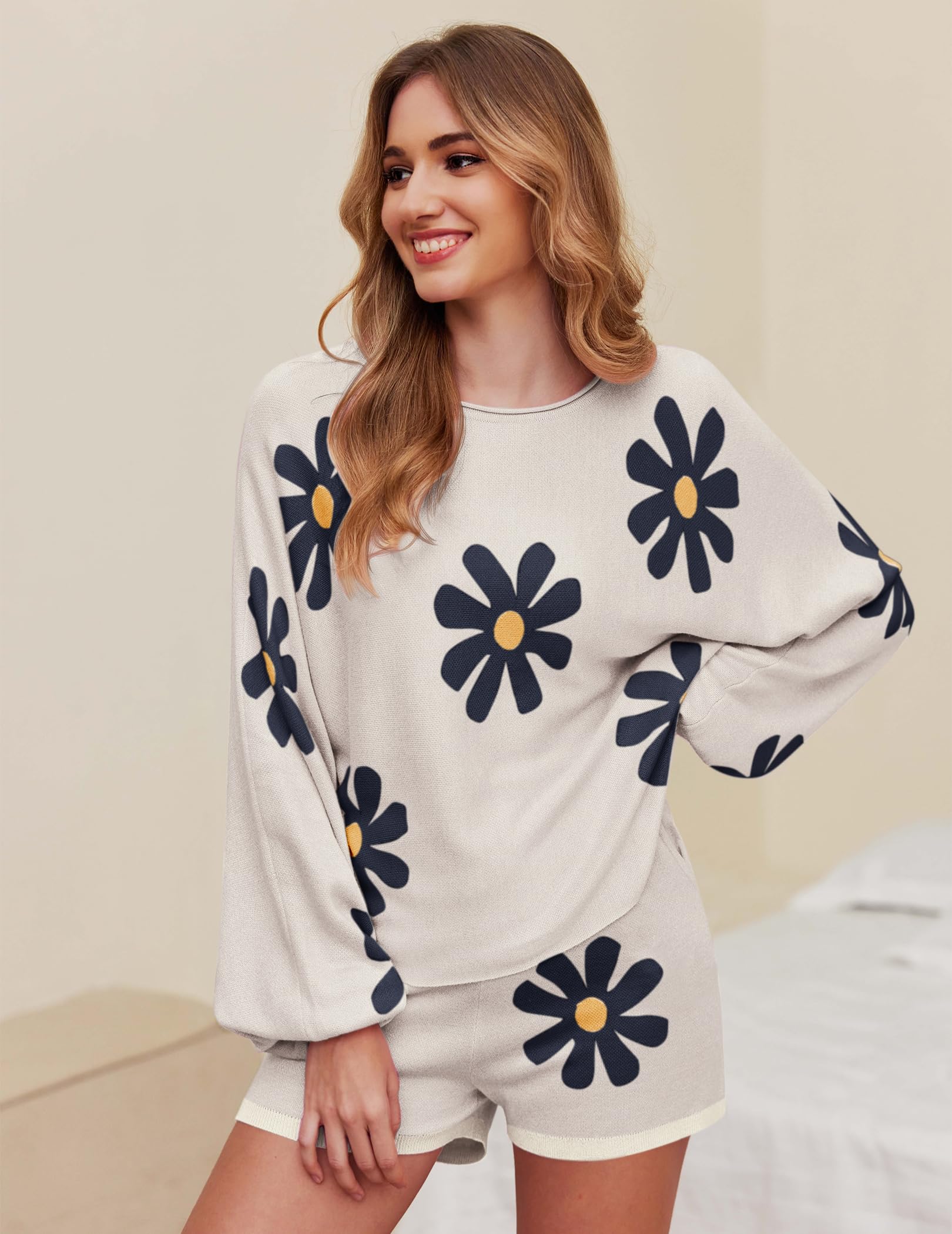 Ekouaer Knit Pajamas Set for Women Lounge Sets Long Sleeve Sweatsuit Matching 2 Piece Outfits Cute Sweater Sets Floral White M