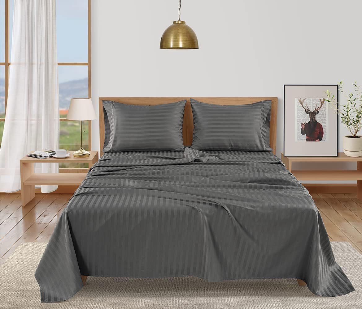 100% Egyption Cotton Cal King Solid Sheet Set & Damask Striped Sheets Set of 2 Combo- 800 Thread Count Sateen Weave Cal KIng Size Solid Sheets & Striped Sheets, Deep Pocket Cotton Bedsheets - Charcoal