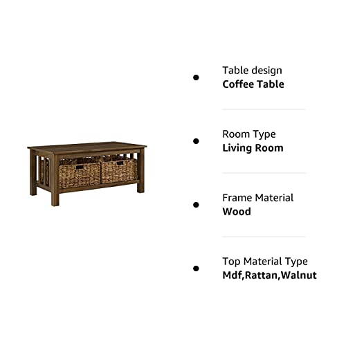 Walker Edison Alayna Mission Style Two Tier Coffee Table with Rattan Storage Baskets, 40 Inch, Dark Walnut