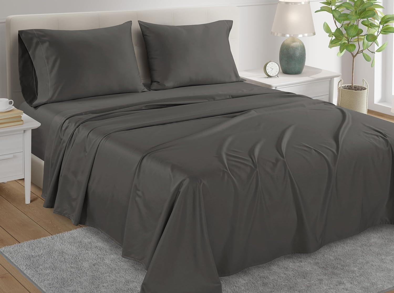 100% Egyption Cotton Cal King Solid Sheet Set & Damask Striped Sheets Set of 2 Combo- 800 Thread Count Sateen Weave Cal KIng Size Solid Sheets & Striped Sheets, Deep Pocket Cotton Bedsheets - Charcoal
