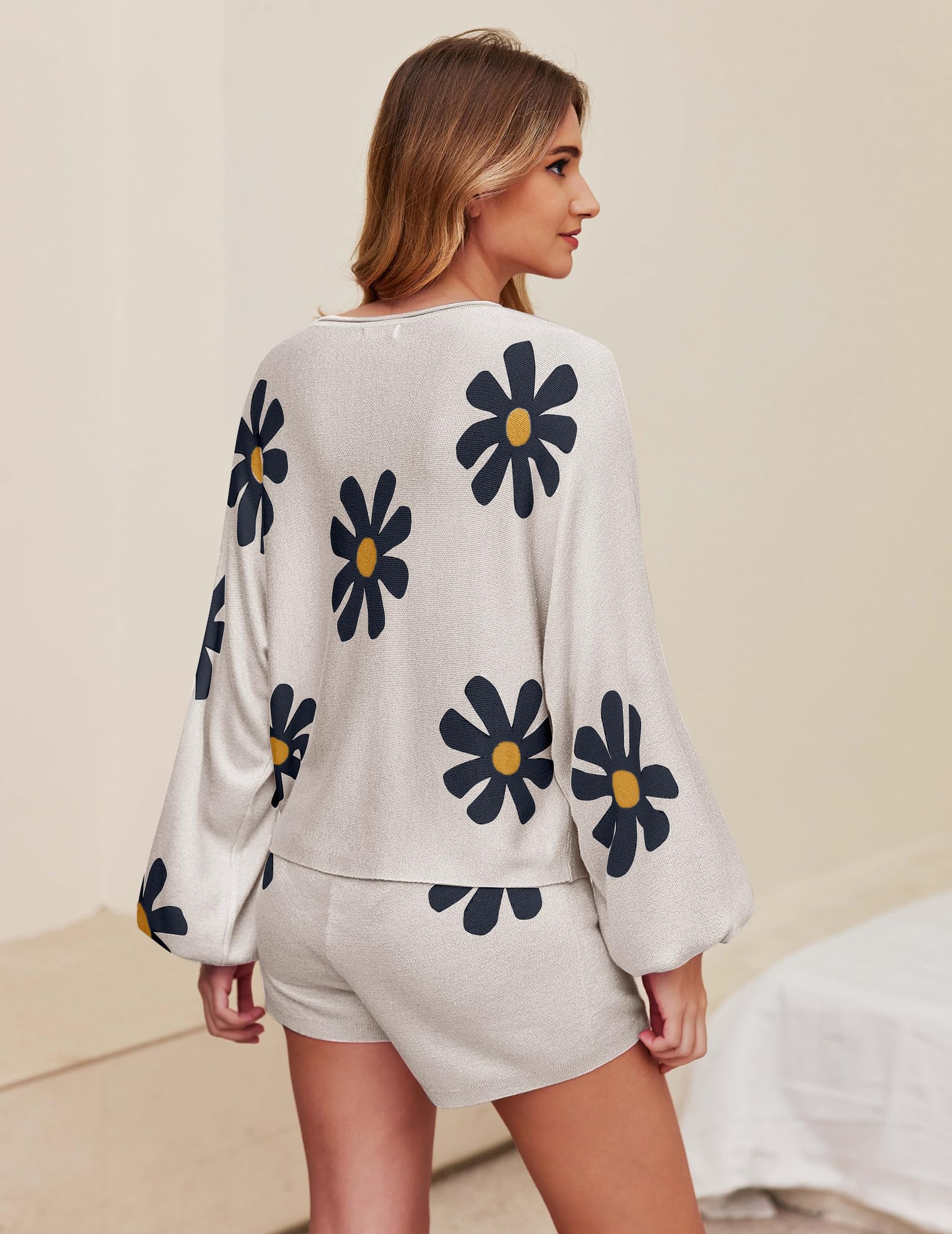 Ekouaer Knit Pajamas Set for Women Lounge Sets Long Sleeve Sweatsuit Matching 2 Piece Outfits Cute Sweater Sets Floral White M