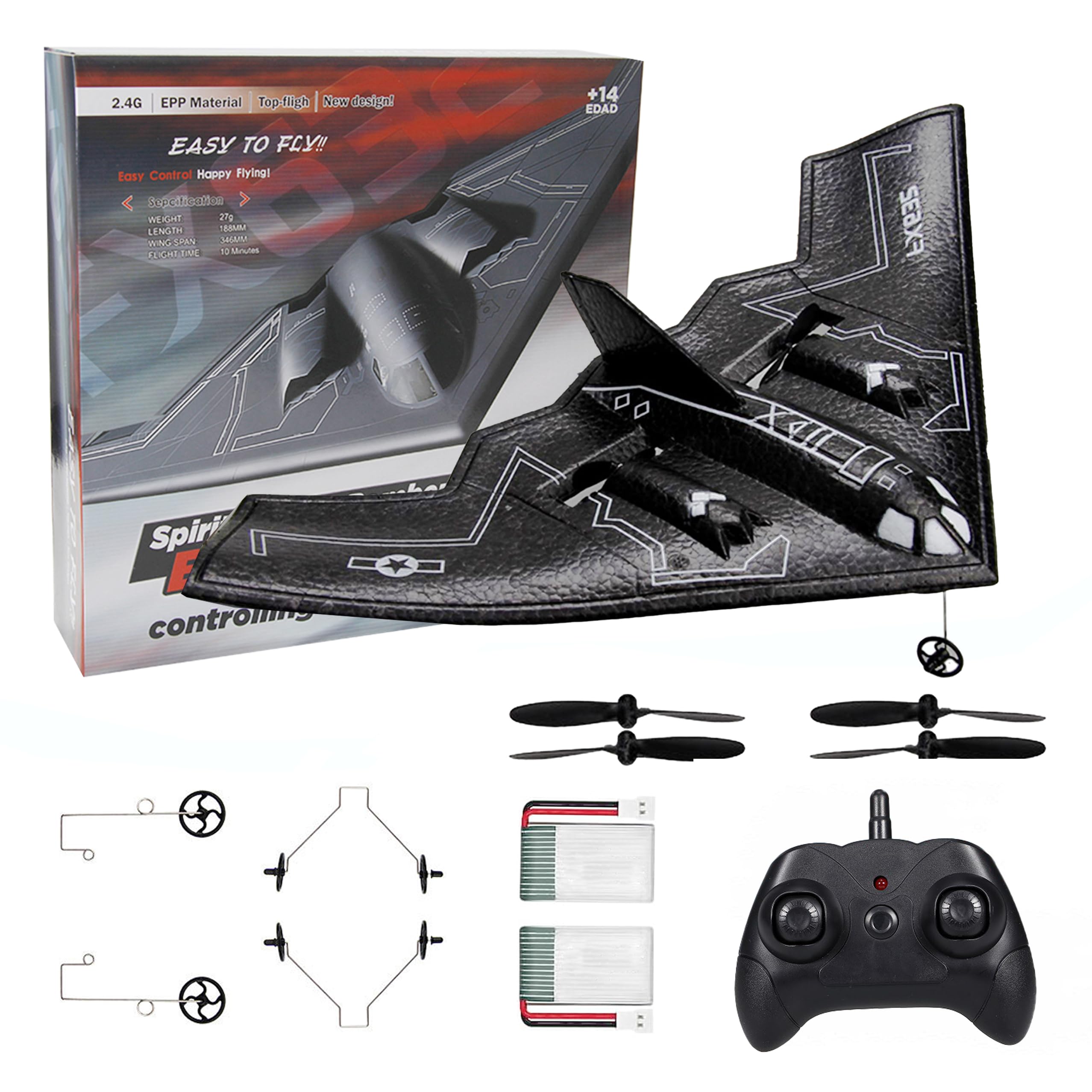 Eayaele RC B-2 Spirit Bomber Plane, 2CH Remote Control Airplane Foam Toy for Beginners Easy Ready to Fly Kids Boys (Black)