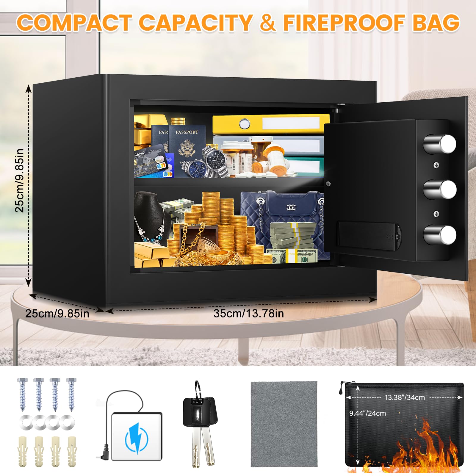 GHJGAGE 2.0 Cubic Large Safe Box Fireproof Waterproof, Anti-Theft Fireproof Safe with Digital Keypad & Mute Function, Security Home Safe for Money Firearm Documents Valuables