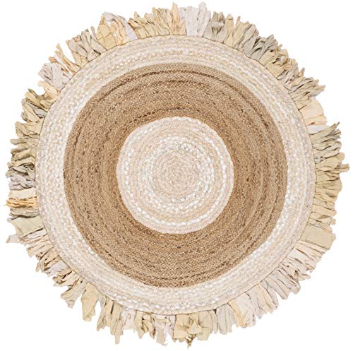 SAFAVIEH Cape Cod Collection 4' Round Beige / Natural CAP701B Handmade Boho Fringe Jute & Cotton Area Rug