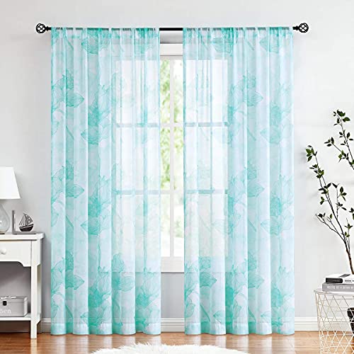 Treatmentex White Blue Print Sheer Window Curtains for Living Room Bedroom Floral Botanical 96 inches Long Soft Chiffon Drapes for Summer Semi Sheer Curtains 2 Panels Rod Pocket Aqua