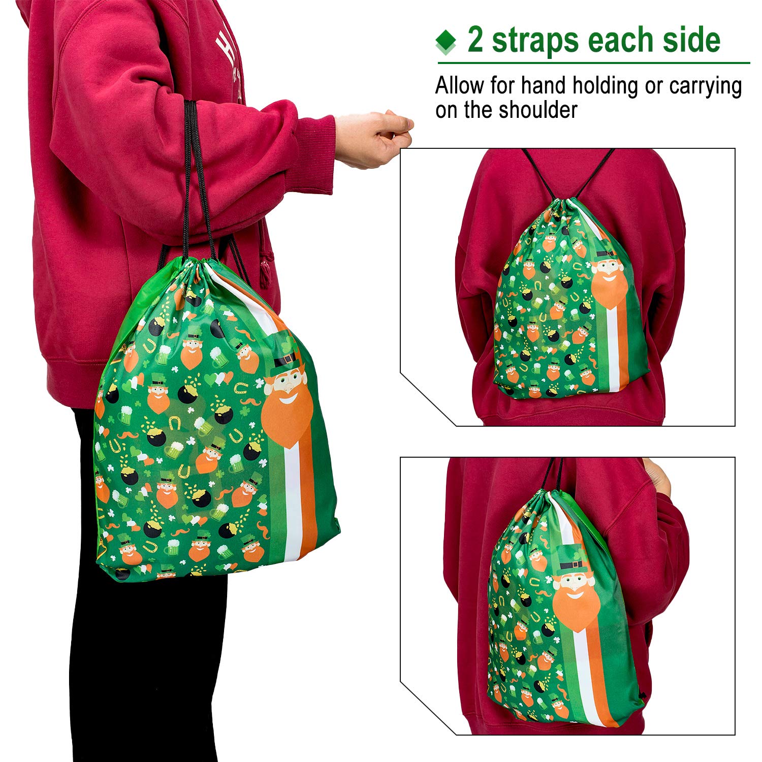 Whaline 5 Pieces St Patrick's Day Drawstring Bags, Shamrock Backpack Irish Large Goody Treat Candy Bags Bulk Wrapping Gift Bag for St Patrick's Party Favors