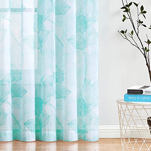 Treatmentex White Blue Print Sheer Window Curtains for Living Room Bedroom Floral Botanical 96 inches Long Soft Chiffon Drapes for Summer Semi Sheer Curtains 2 Panels Rod Pocket Aqua