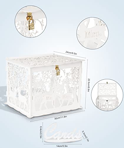 BestYiJo Wedding Card Box With Locks, Large Vintage Diy Gift Box For Wedding Reception Anniversary Baby Gift, Money Box, 11.8 X 9.5 X 8.9 (White)